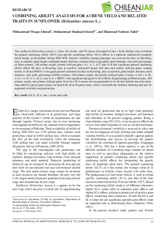 Pdf Combining Ability Analysis For Achene Yield And Related Traits In