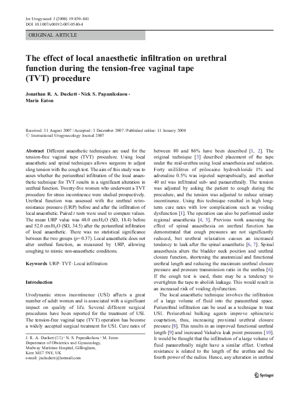 (PDF) The effect of local anaesthetic infiltration on urethral function ...