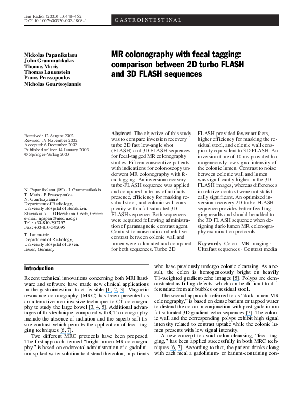 (PDF) MR colonography with fecal tagging: comparison between 2D turbo ...