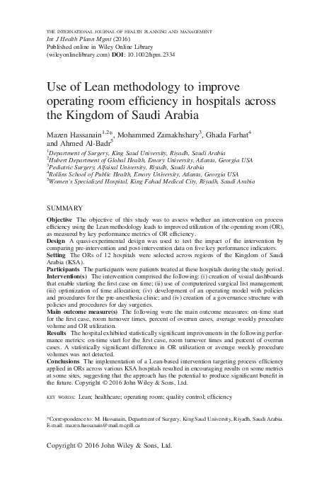 (PDF) Use of Lean methodology to improve operating room efficiency in ...