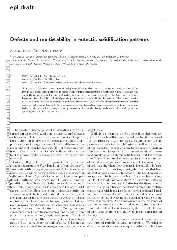 (PDF) Defects and multistability in eutectic solidification patterns