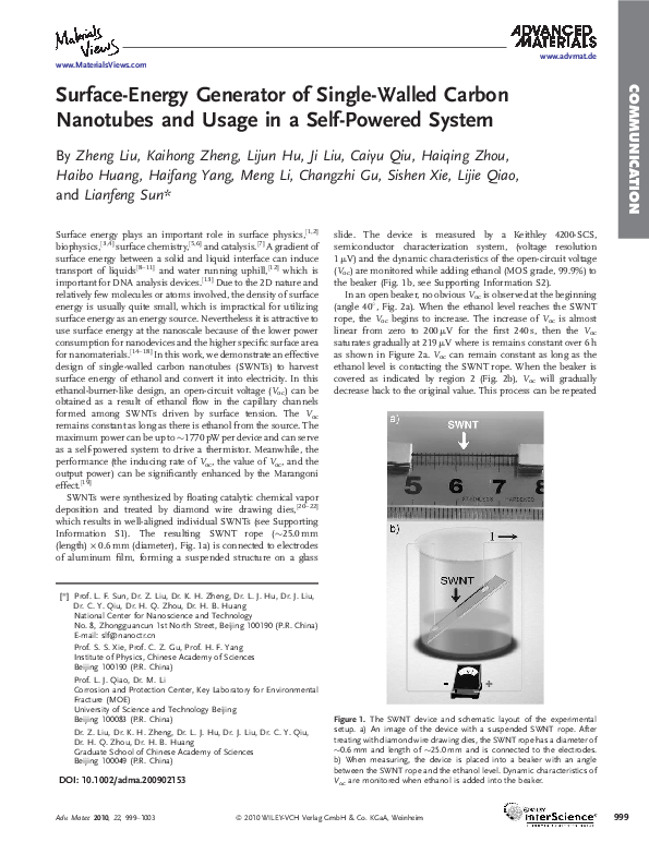 (PDF) Surface-Energy Generator of Single-Walled Carbon Nanotubes and Usage in a Self-Powered System