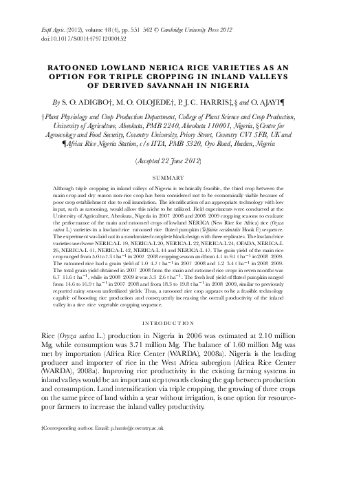 (PDF) Ratooned Lowland Nerica Rice Varieties as an Option for Triple ...