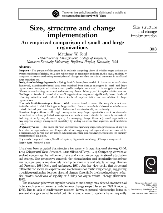 (PDF) Size, structure and change implementation: An empirical comparison of small and large ...