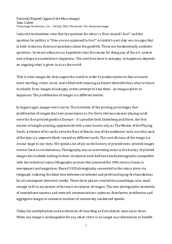 Untimely Ripped (Against the Mass Image) Sean Cubitt