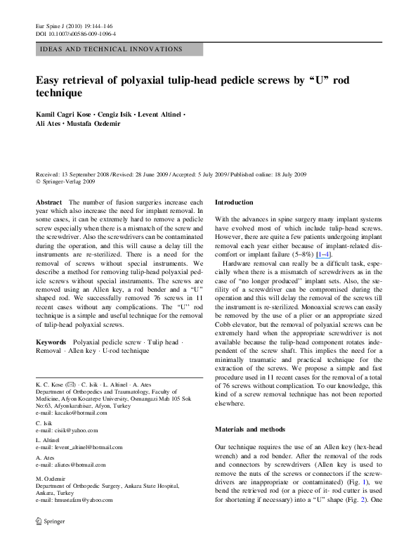 (PDF) Easy retrieval of polyaxial tulip-head pedicle screws by "U" rod ...