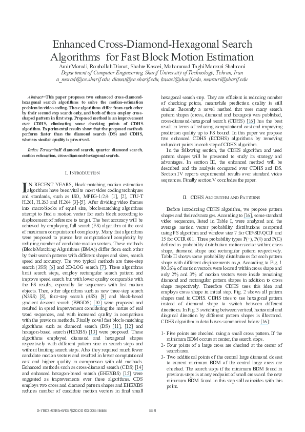 (PDF) Enhanced cross-diamond-hexagonal search algorithms for fast block motion estimation