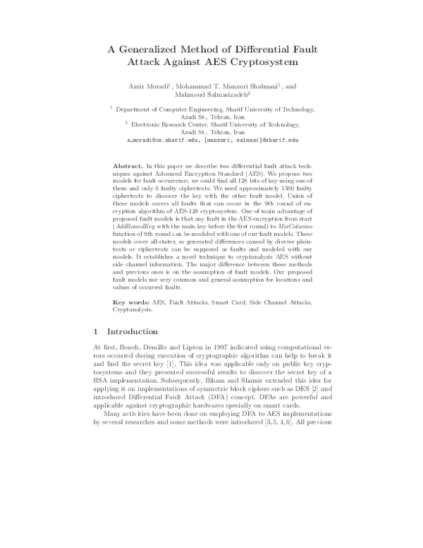 (PDF) A Generalized Method of Differential Fault Attack Against AES Cryptosystem | amir moradi ...