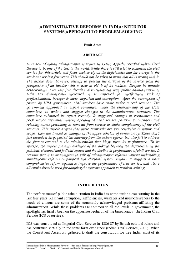 (PDF) Administrative Reforms in India: Need for Systems Approach to ...