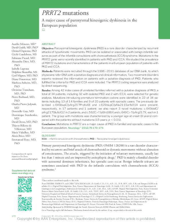 (PDF) PRRT2 mutations: A major cause of paroxysmal kinesigenic dyskinesia in the European population