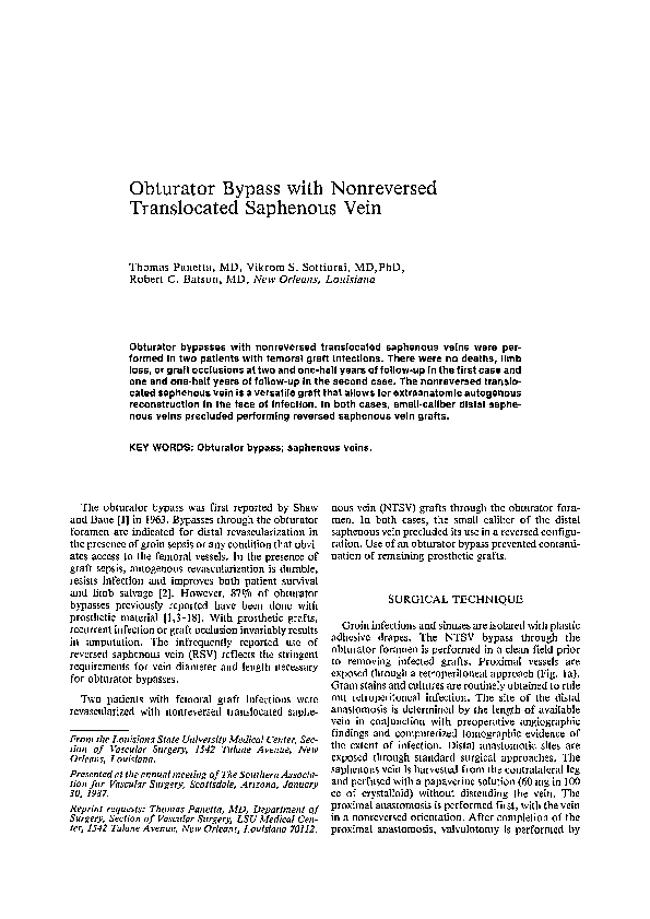 (PDF) Obturator Bypass with Nonreversed Translocated Saphenous Vein