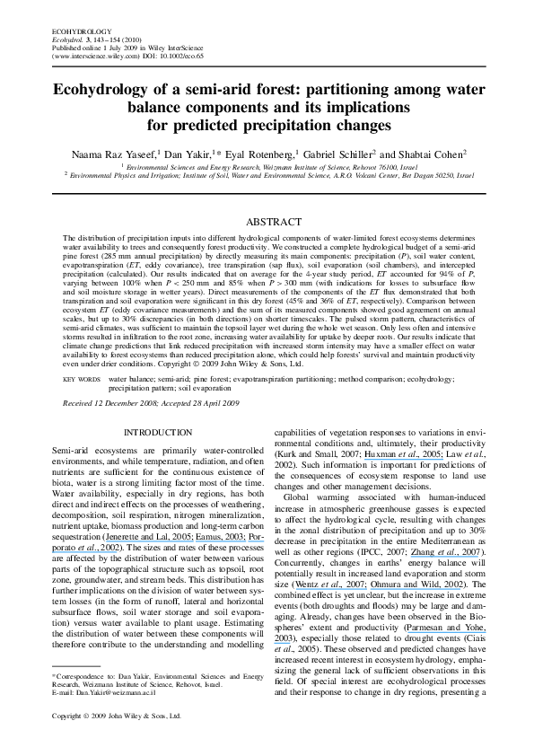 (PDF) Ecohydrology of a semi-arid forest: partitioning among water balance components and its ...