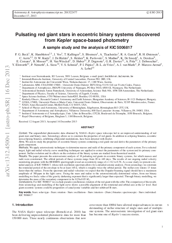 (PDF) Pulsating red giant stars in eccentric binary systems discovered from Kepler space-based ...
