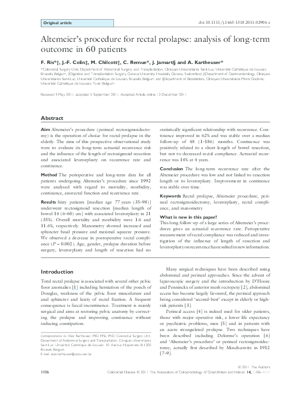(PDF) Altemeier’s procedure for rectal prolapse: analysis of long-term ...