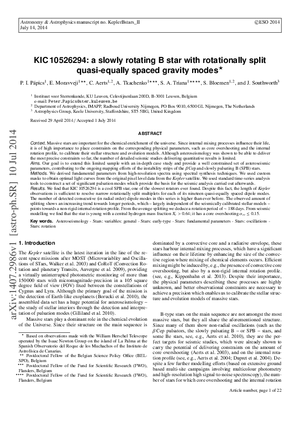 (PDF) KIC 10526294: a slowly rotating B star with rotationally split ...