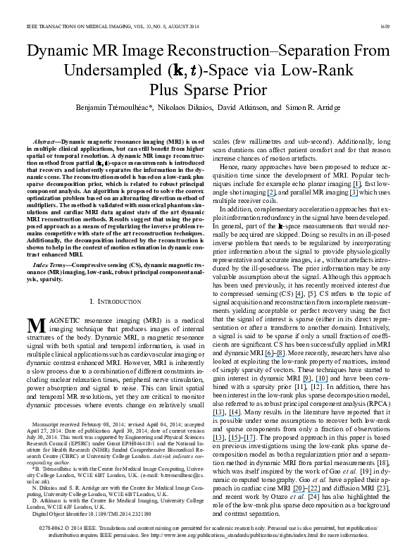 (PDF) Dynamic MR image reconstruction-separation from undersampled (k,t)-space via low-rank plus ...