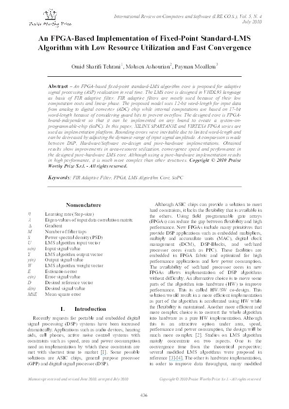 Pdf An Fpga Based Implementation Of Fixed Point Standard Lms Algorithm With Low Resource