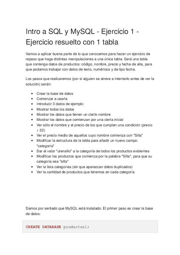 (DOC) Intro a SQL y MySQL -Ejercicio 1 - Ejercicio resuelto con 1 tabla