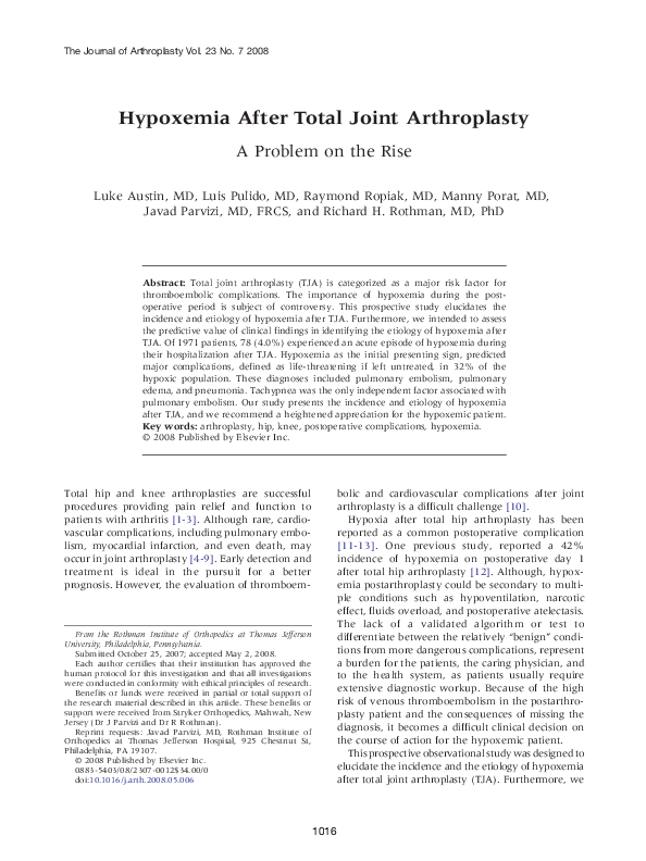 (PDF) Hypoxemia After Total Joint Arthroplasty