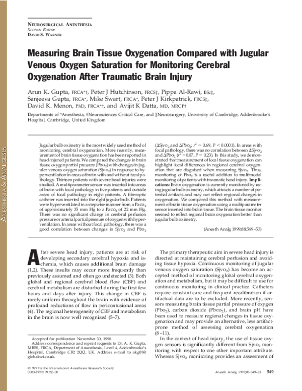 (PDF) Measuring Brain Tissue Oxygenation Compared with Jugular Venous ... (PDF) Measuring Brain Tissue Oxygenation Compared with Jugular Venous ...