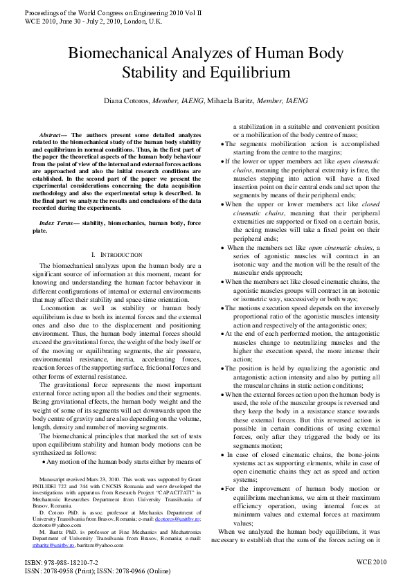 (PDF) Biomechanical Analyzes of Human Body Stability and Equilibrium