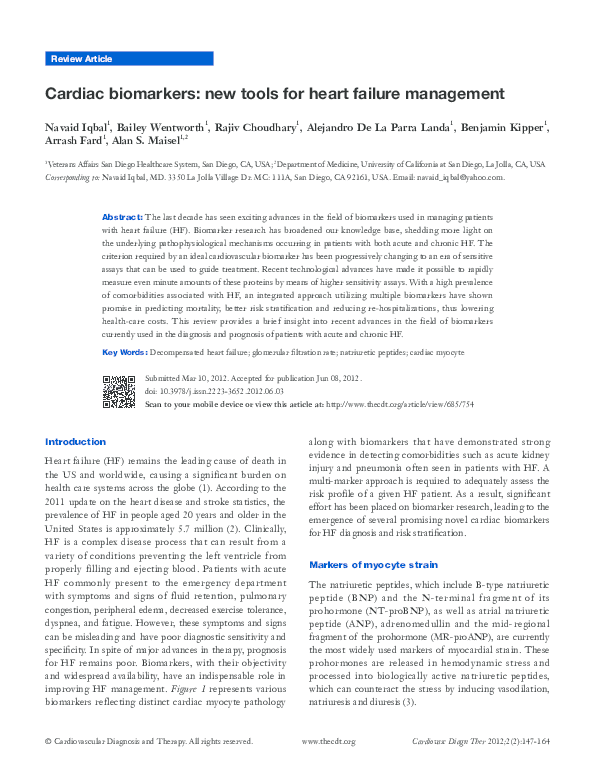 (PDF) Cardiac biomarkers: new tools for heart failure management