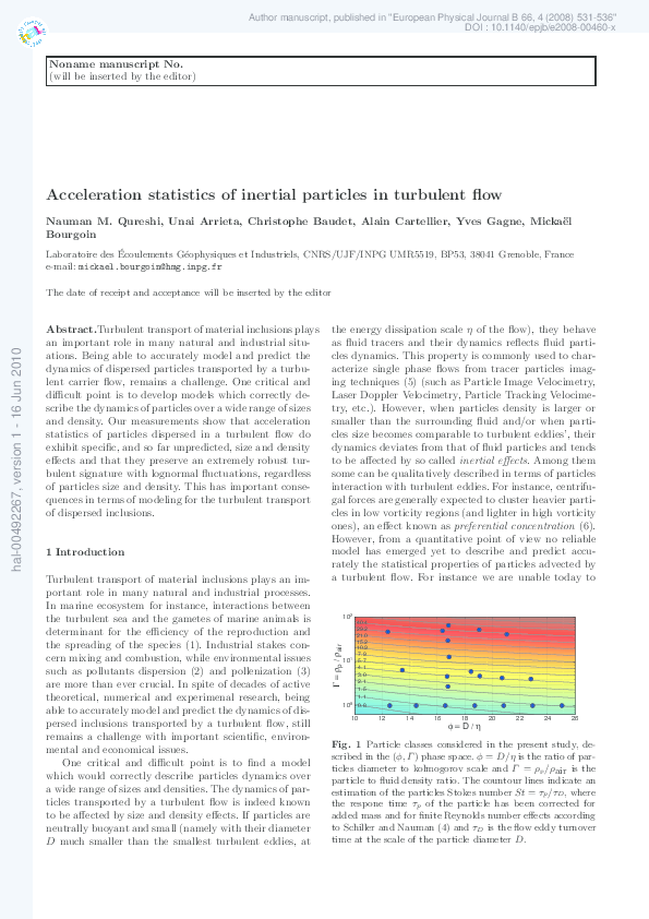 (PDF) Acceleration statistics of inertial particles in turbulent flow