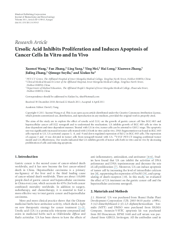 (PDF) Ursolic Acid Inhibits Proliferation and Induces Apoptosis of Cancer Cells In Vitro and In Vivo