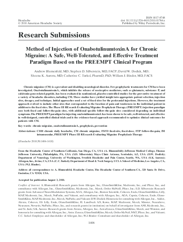 (PDF) Method of Injection of OnabotulinumtoxinA for Chronic Migraine: A ...