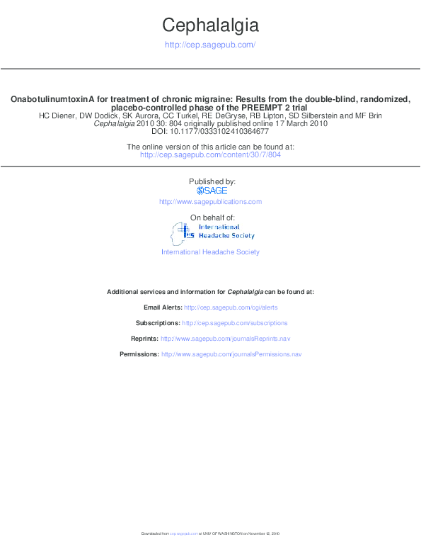 (PDF) PREEMPT 2 Chronic Migraine Study Group. Onabotulinum toxin A for ...