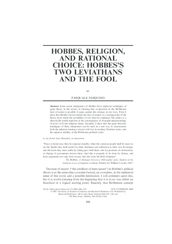 (PDF) Hobbes, Religion, and Rational Choice: Hobbes's two Leviathans ...