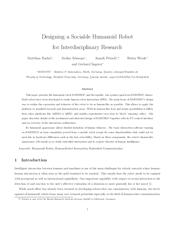 (PDF) Designing a sociable humanoid robot for interdisciplinary research