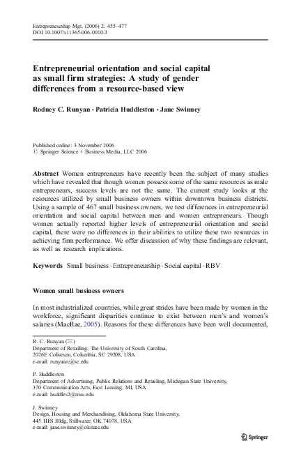 (PDF) Entrepreneurial orientation and social capital as small firm strategies: A study of gender ...