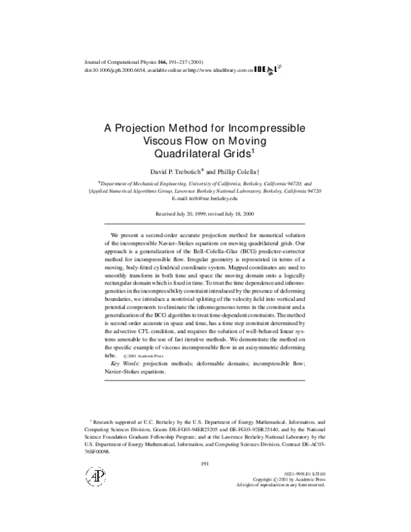 Pdf Projection Method For Viscous Incompressible Flow On