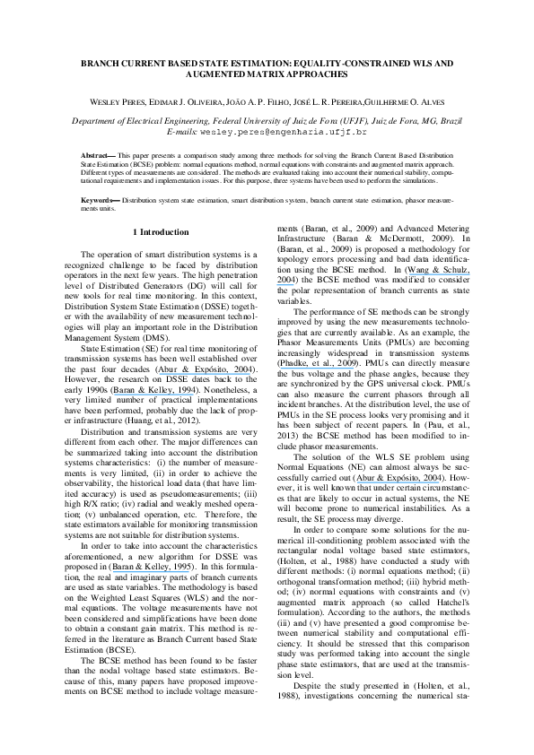 Pdf Branch Current Based State Estimation Equality Constrained Wls