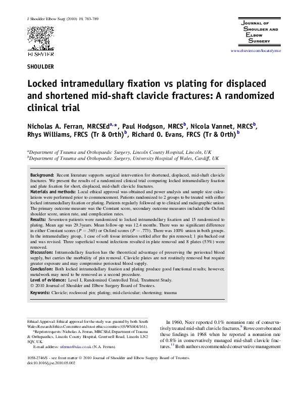 (PDF) Locked intramedullary fixation vs plating for displaced and shortened mid-shaft clavicle ...