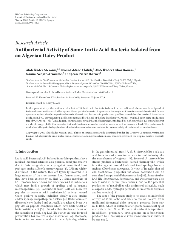 (PDF) Antibacterial Activity of Some Lactic Acid Bacteria Isolated from an Algerian Dairy Product