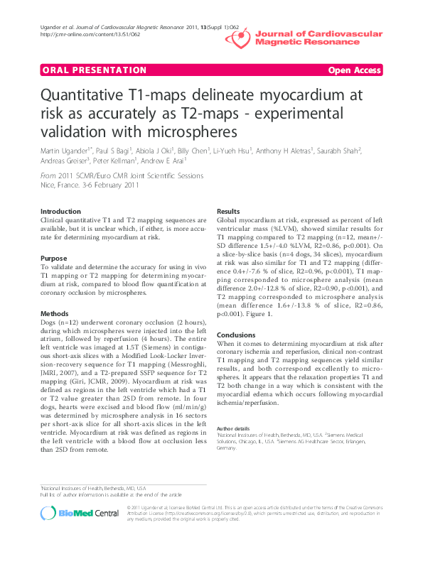 (PDF) Quantitative T1-maps delineate myocardium at risk as accurately ...