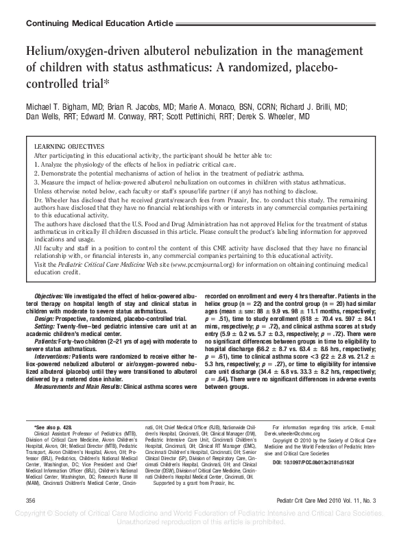 (PDF) High-Dose Continuous Nebulized Levalbuterol for Pediatric Status ...
