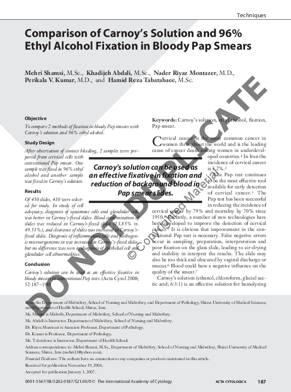 (PDF) Comparison of Carnoy’s Solution and 96% Ethyl Alcohol Fixation in ...