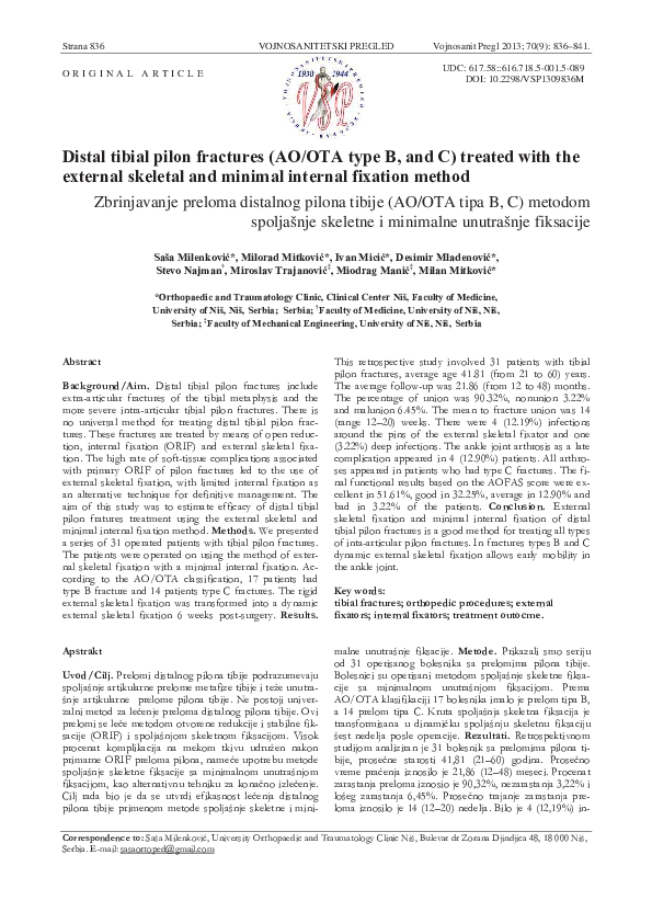 (PDF) Distal tibial pilon fractures (AO/OTA type B, and C) treated with ...