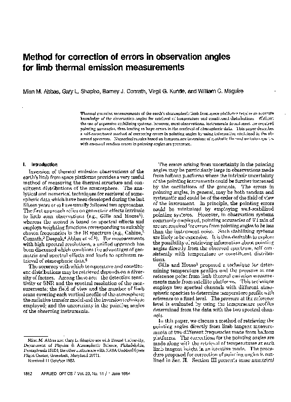 Method for correction of errors in observation angles for limb thermal ...