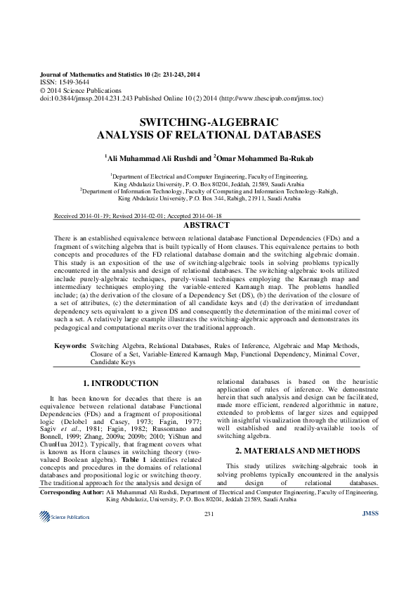 (PDF) Switching-Algebraic Analysis of Relational Databases