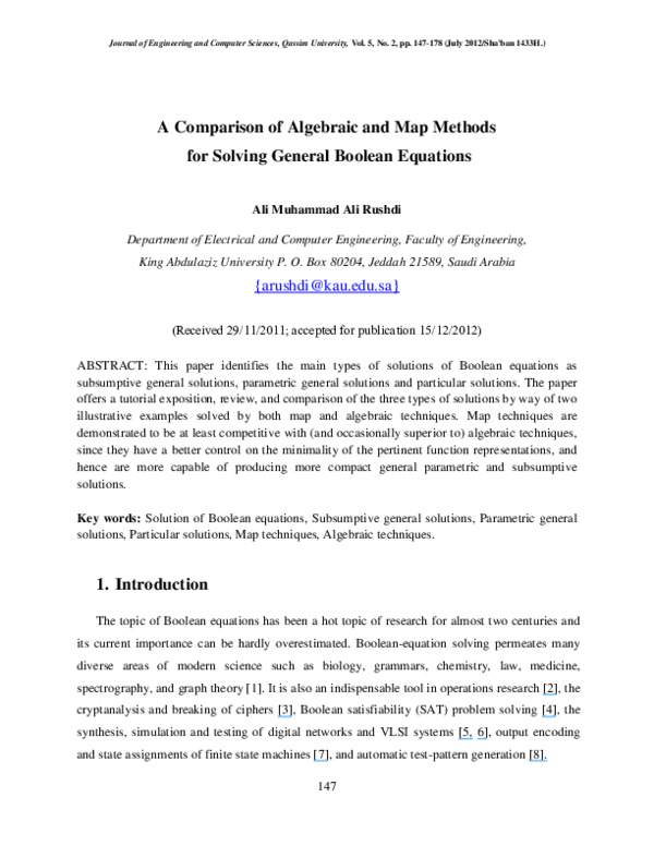 Pdf A Comparison Of Algebraic And Map Methods For Solving General Boolean Equations