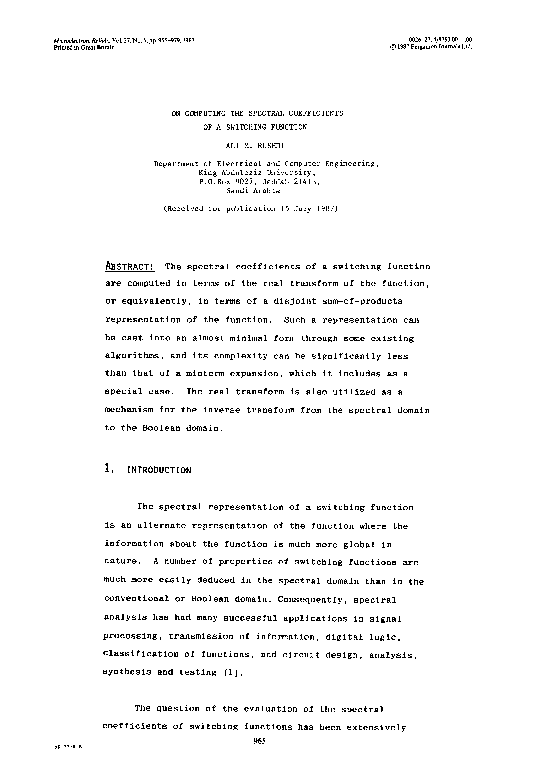 Pdf On Computing The Spectral Coefficients Of A Switching Function