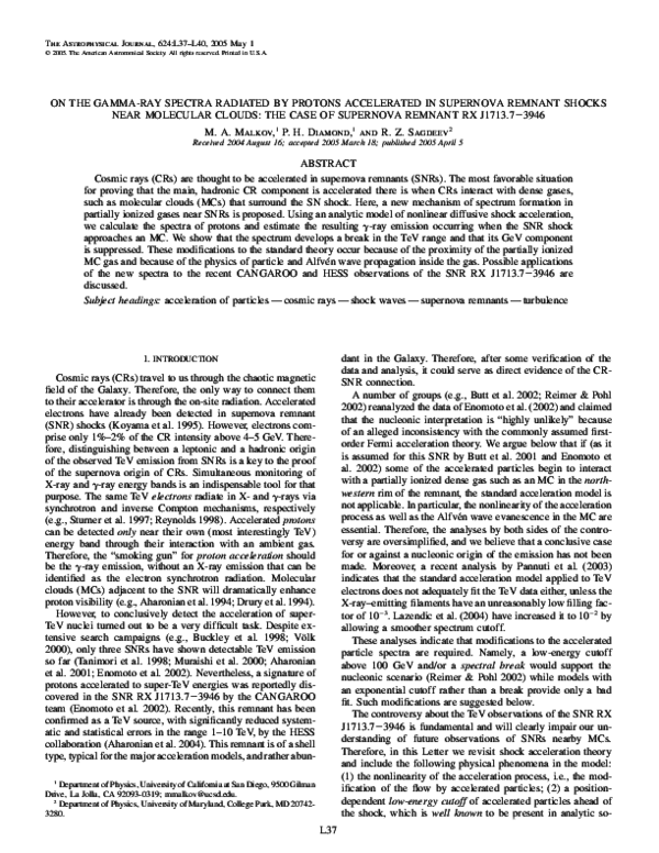 (PDF) CR radiation spectra in SNR shocks near molecular clouds and ...