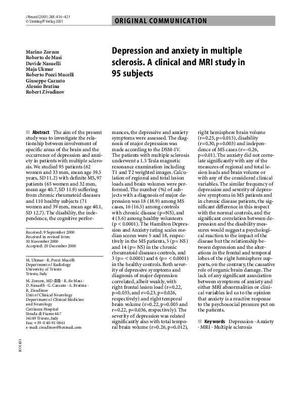 (PDF) Depression and anxiety in multiple sclerosis. A clinical and MRI study in 95 subjects