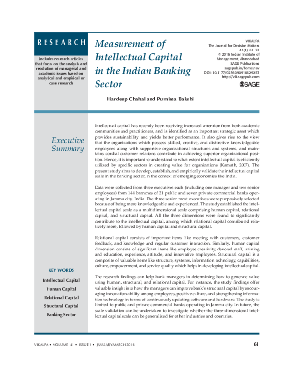 (PDF) Measurement of Intellectual Capital in the Indian Banking Sector R E S E A R C H includes ...