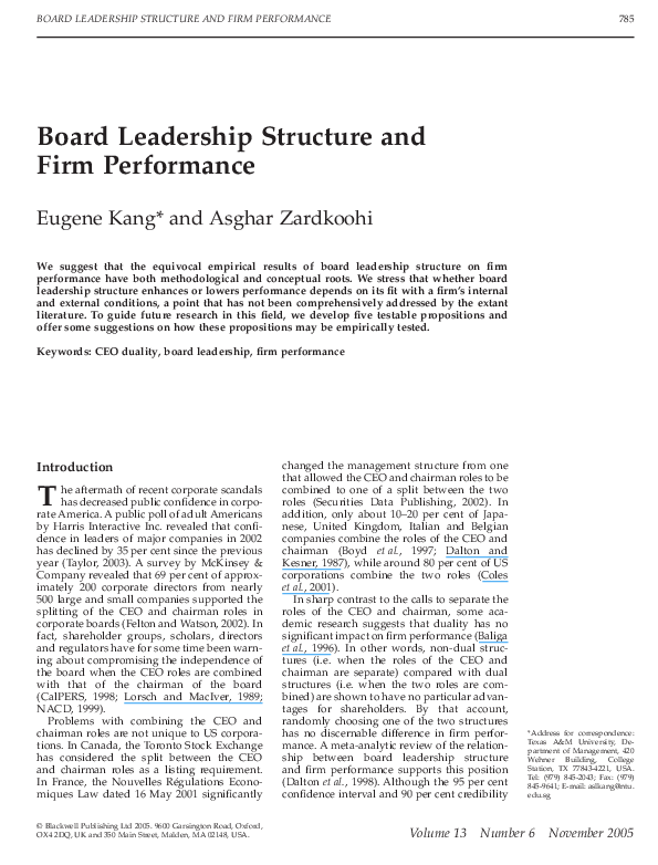 (PDF) Board Leadership Structure and Firm Performance
