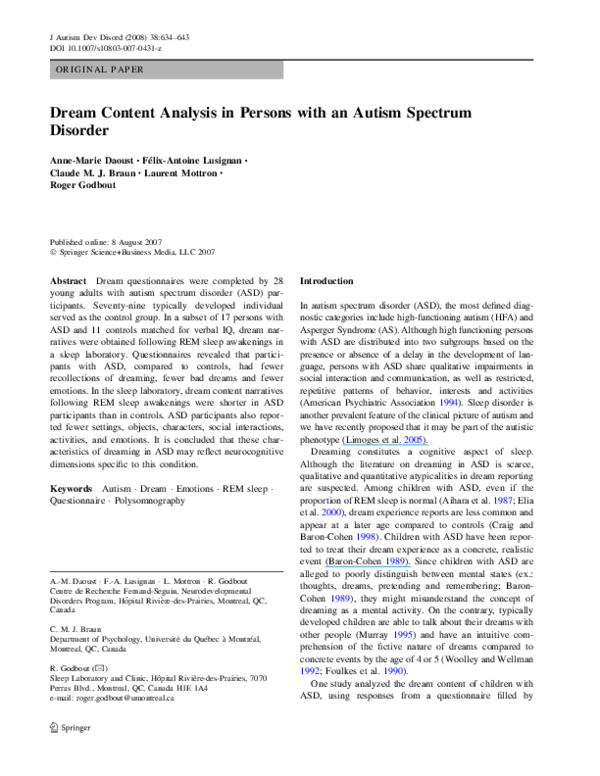 (PDF) Dream Content Analysis in Persons with an Autism Spectrum Disorder
